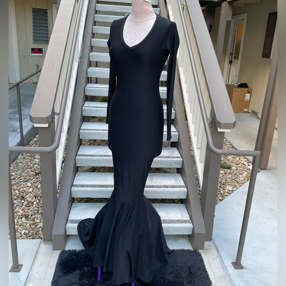 Hand Crafted | Dresses | Black Fitted Long Sleeve V Neck Fitted Mermaid Morticia Adams Dress Xs ...